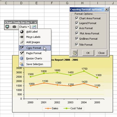 Chart Tools for Excel,work with Excel line charts,save chart,add label